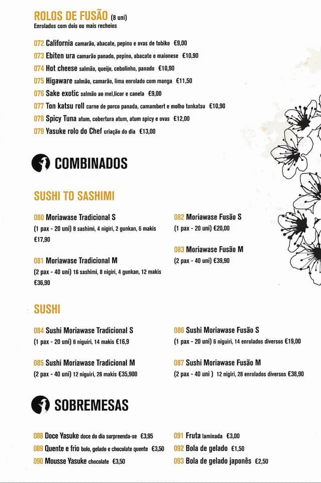 Menu at Yasuke restaurant, Caldas da Rainha