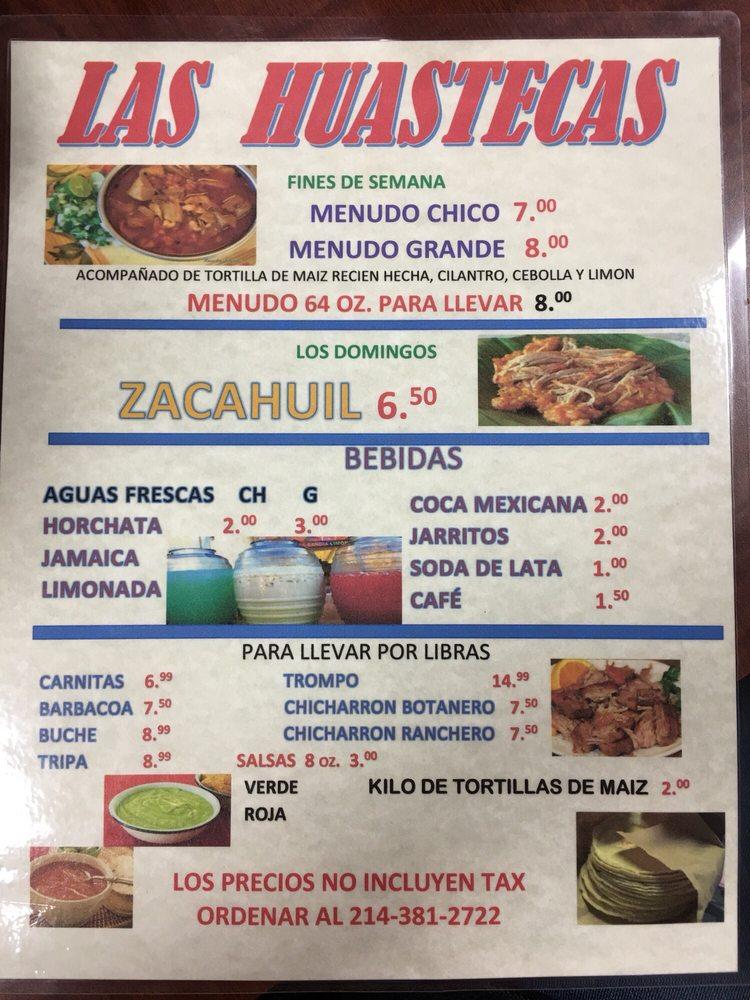 Menu at Las Huastecas restaurant, Dallas, Military Pkwy