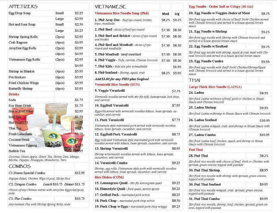 Menu at Aroy-Dee Restaurant, Des Moines