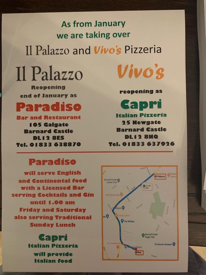 Menu at Capri restaurant, Barnard Castle