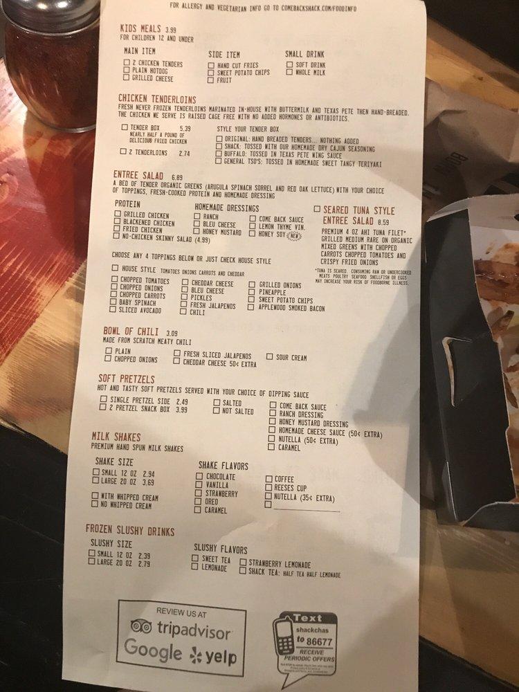 Menu at Come Back Shack restaurant, North Charleston