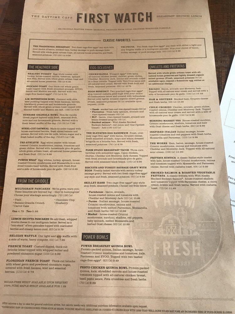Menu at First Watch cafe, Tucson, E Grant Rd