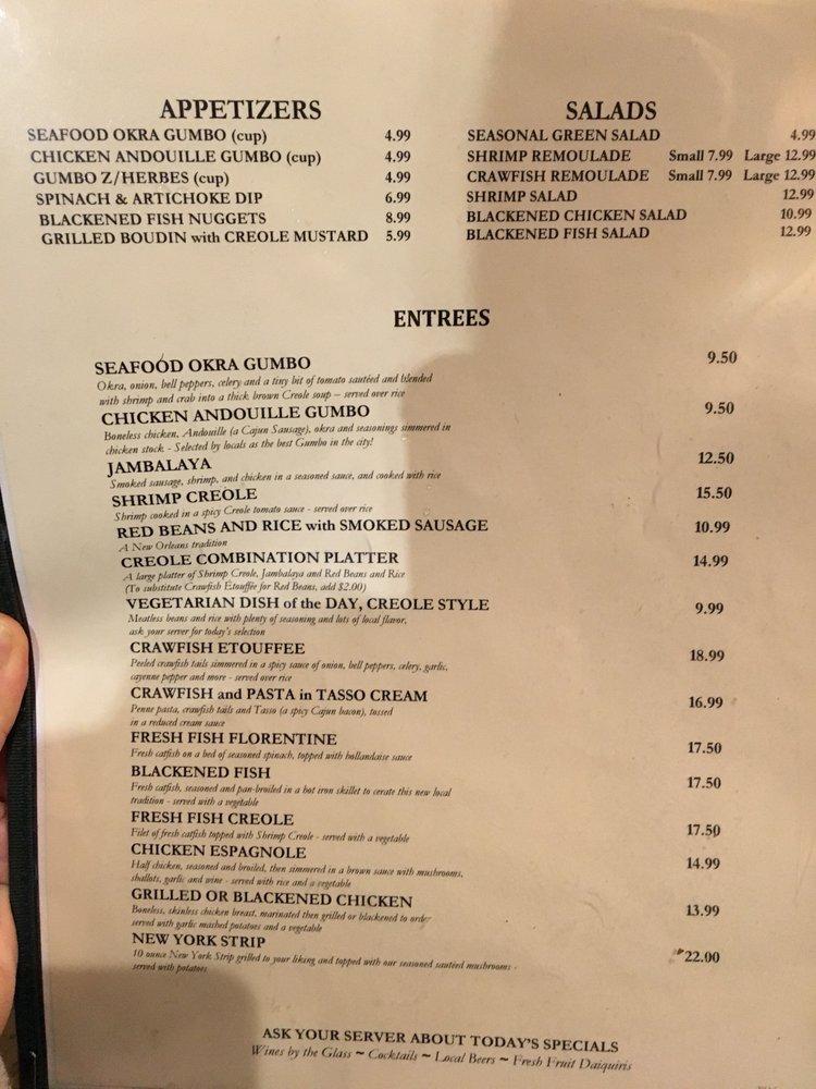 Menu at Gumbo Shop restaurant, New Orleans, 630 St Peter