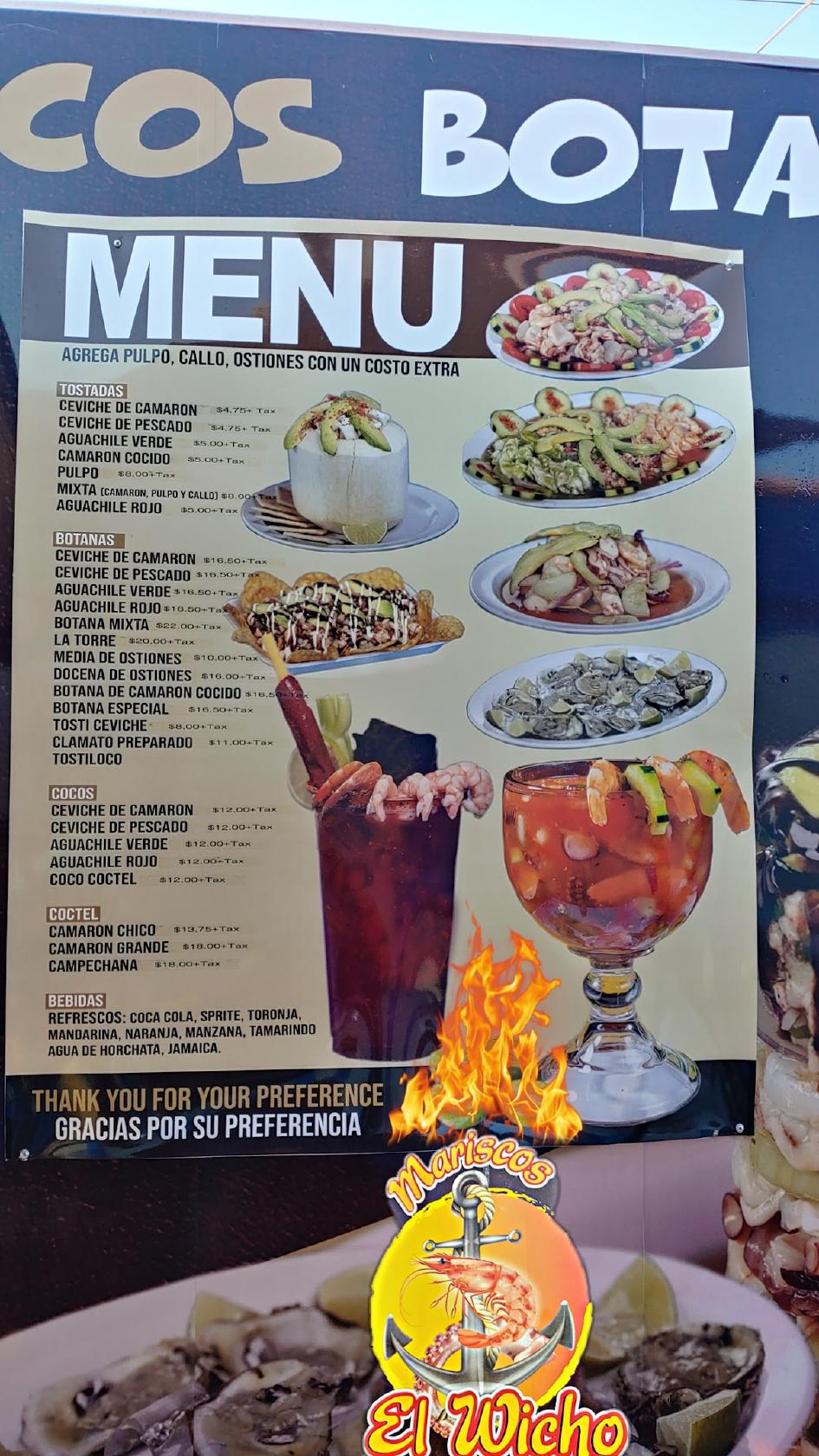 Menu at Mariscos El Wicho restaurant, Tempe