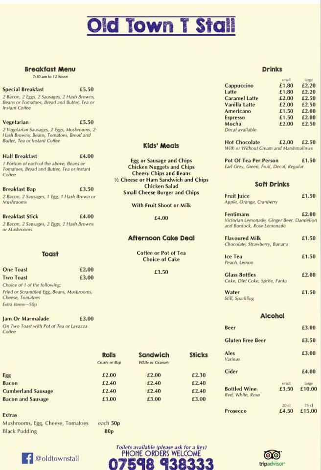 Menu at Old Town T Stall cafe, Margate
