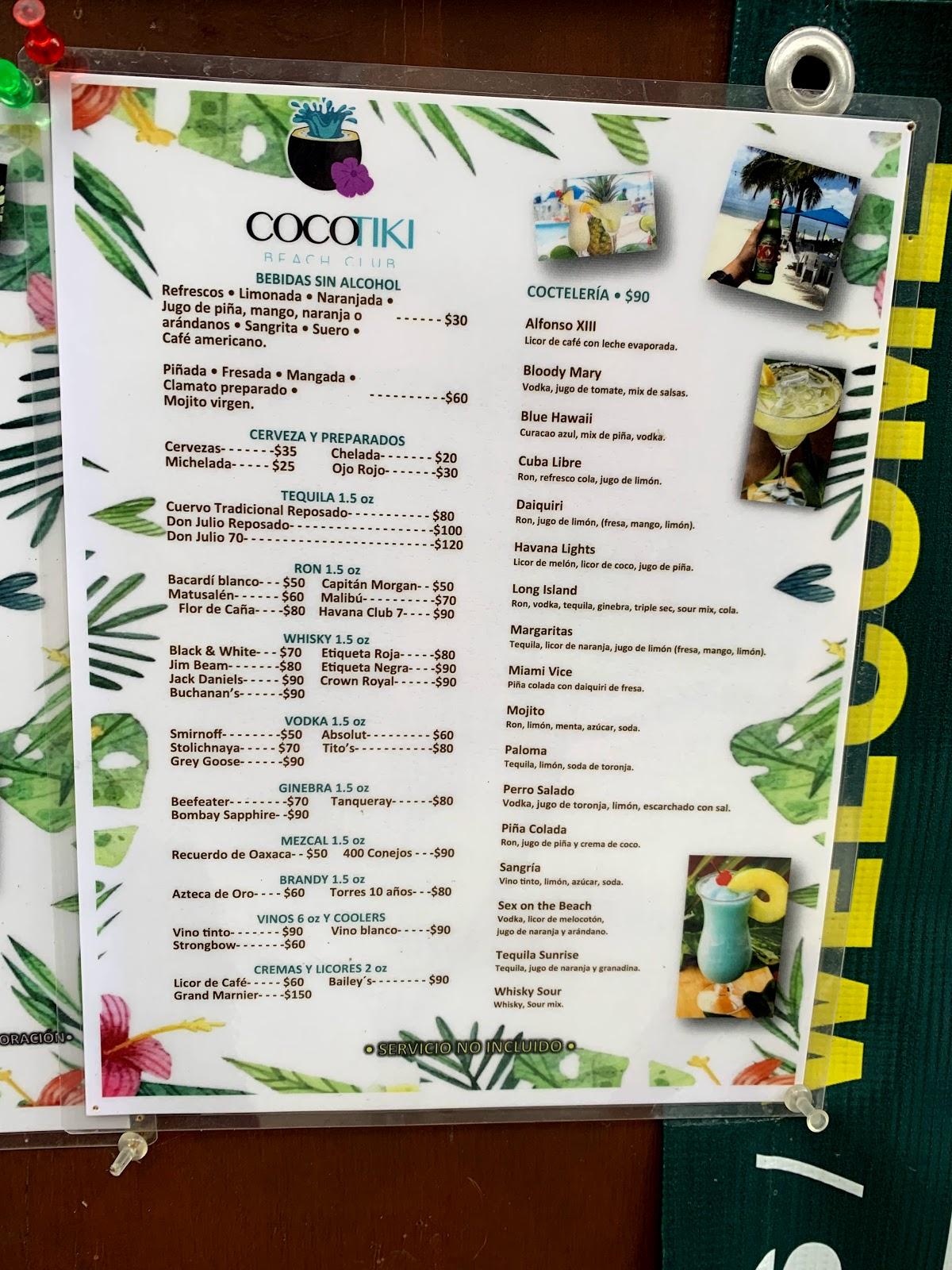Menu at Coco's Beach Club Cozumel, San Miguel de Cozumel