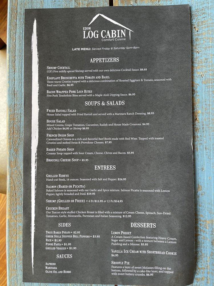 Menu at Edom Log Cabin ~ Comfort Cuisine restaurant, Edom