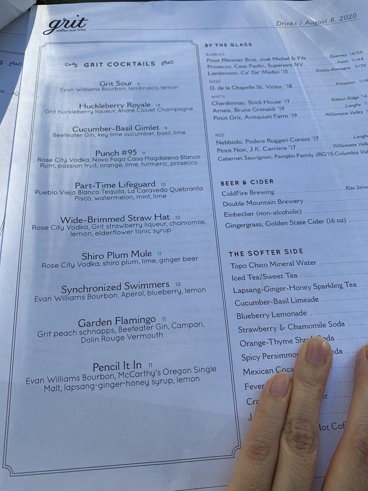 Menu at Grit restaurant, Eugene