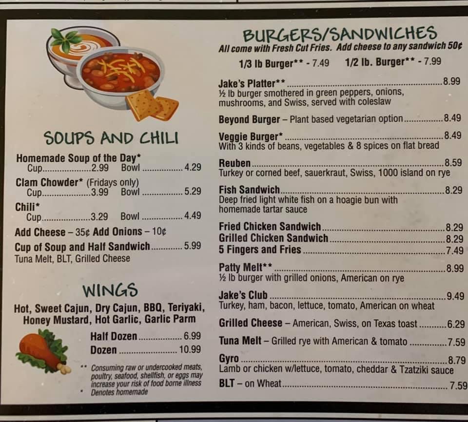 Menu at Jake's Eats restaurant, Mantua