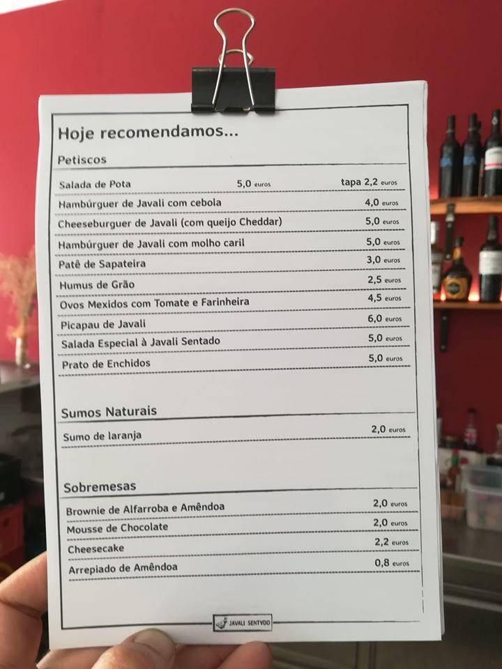 Menu em Javali pub & Bar, Alte