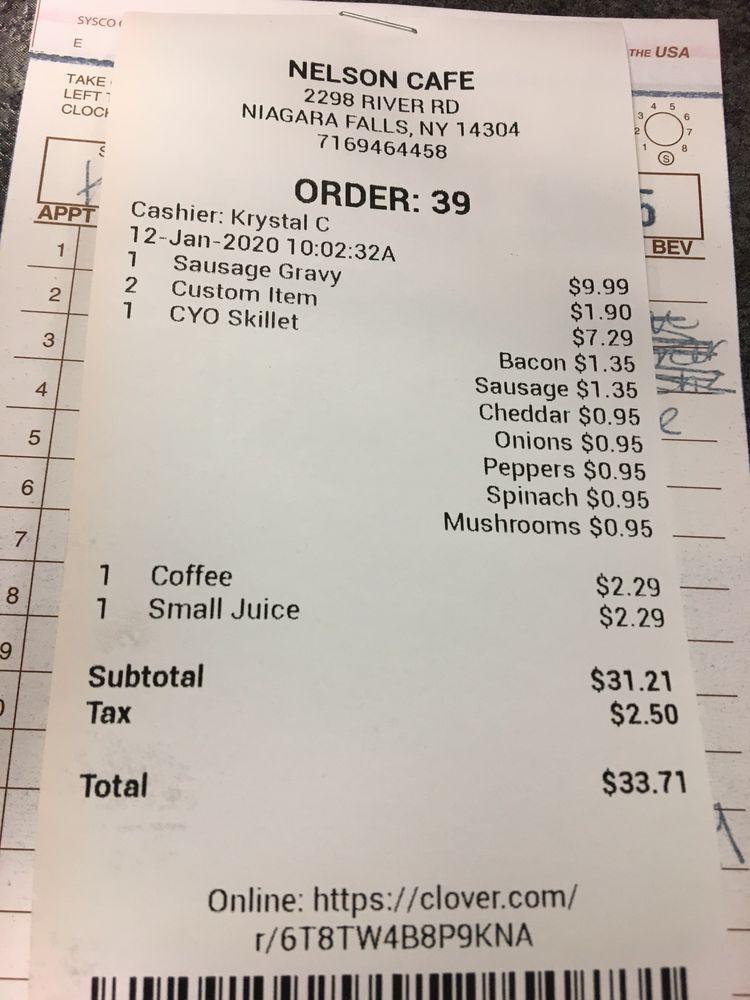 Menu at Nelsons Cafe, Niagara Falls