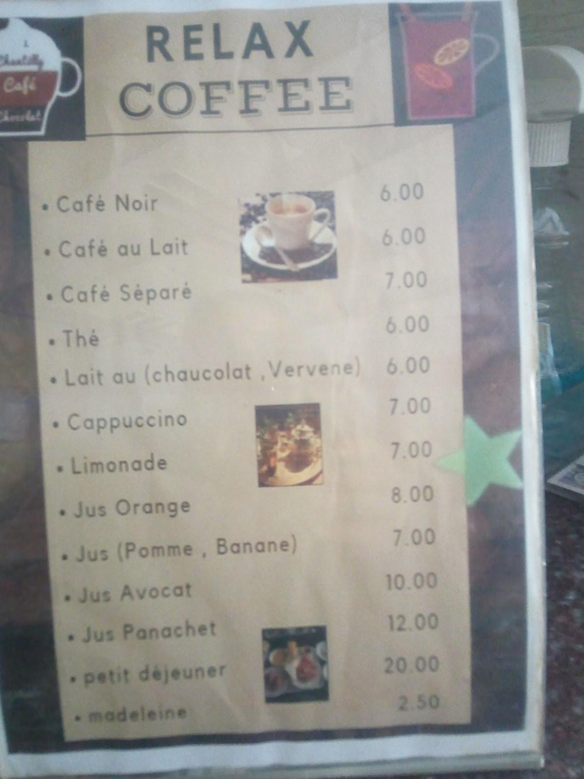 Menu at Relax coffee cafe, Morocco