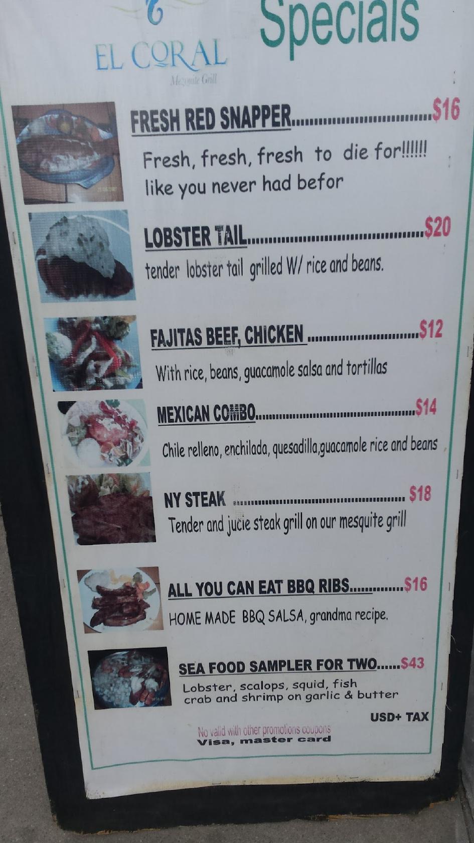 Menu at Restaurante El Coral, Cabo San Lucas