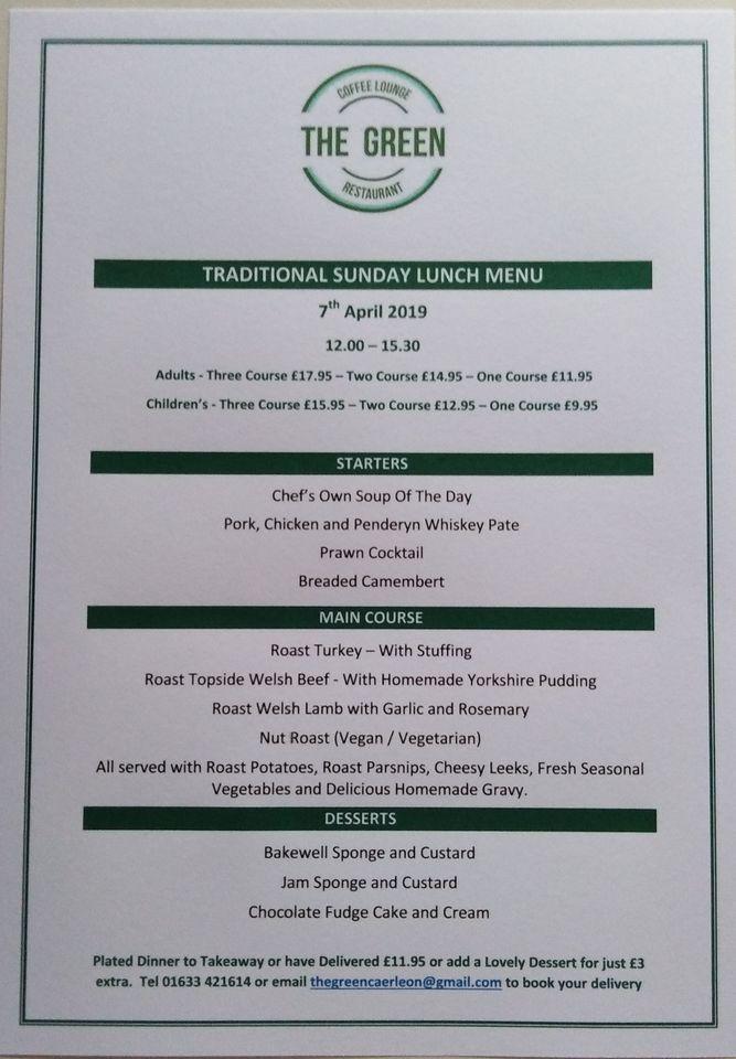 Menu at The Green cafe, Caerleon