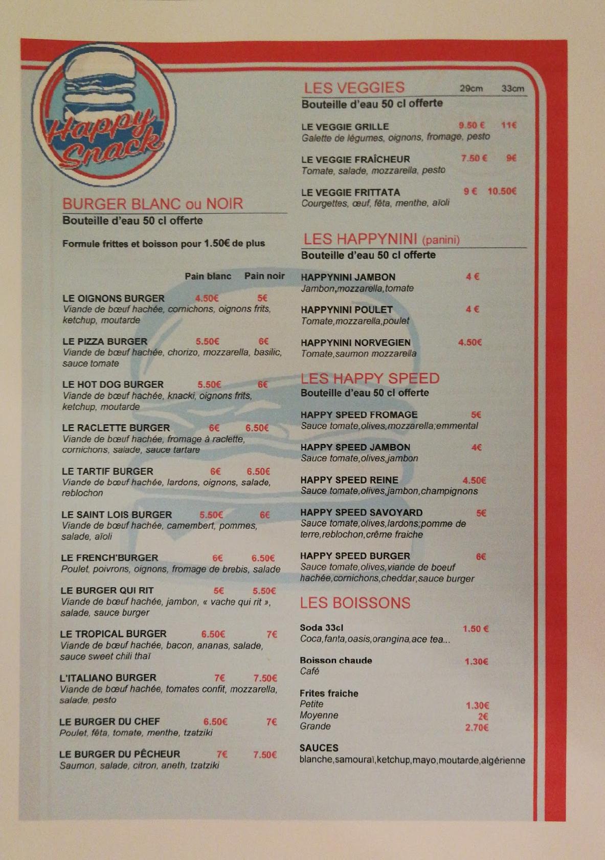 Menu at happy snack restaurant, Saint-Lô