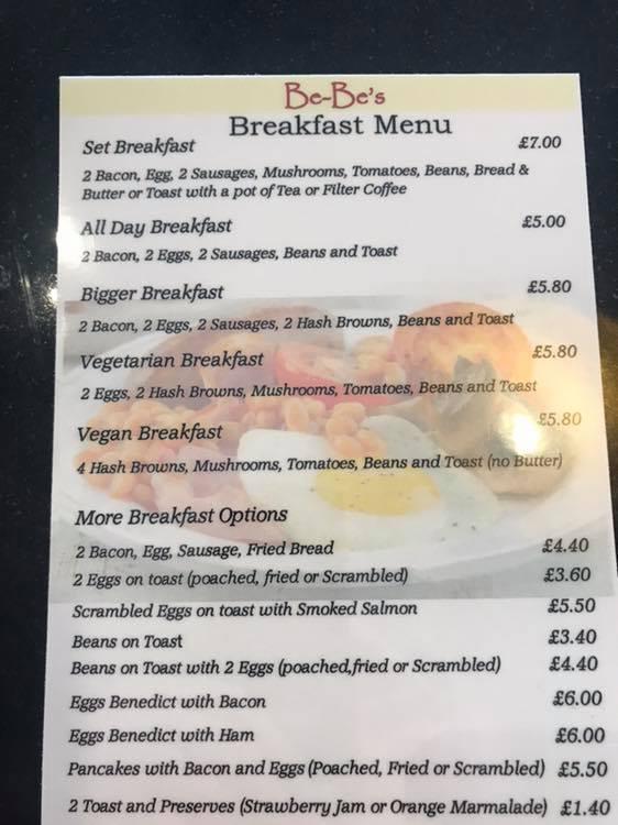 Menu at Be Be's Cafe, Hythe