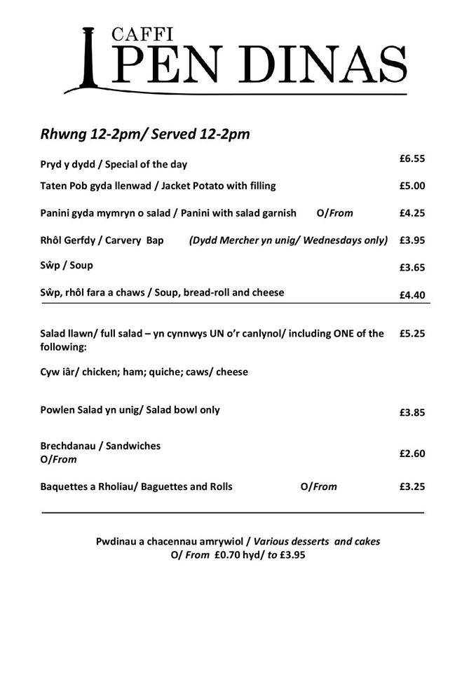 Menu at Caffi Pen Dinas cafe, Aberystwyth, National Library of Wales ...