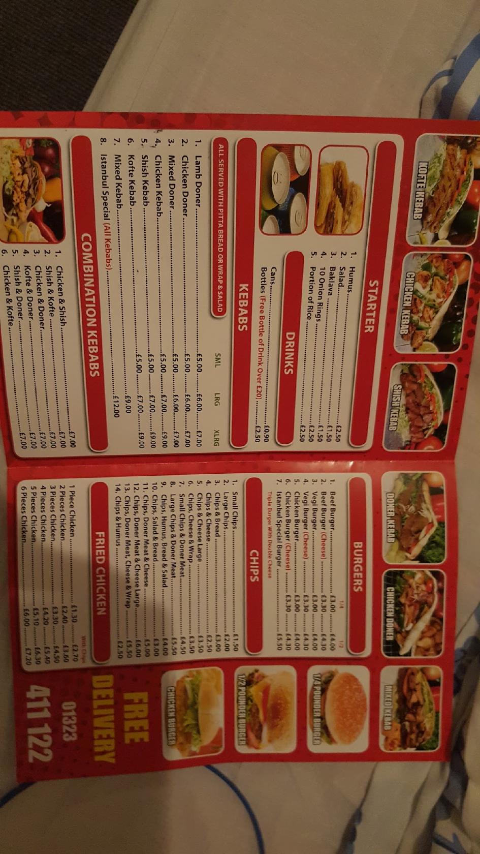 Menu at Istanbul Kebab fast food, Eastbourne