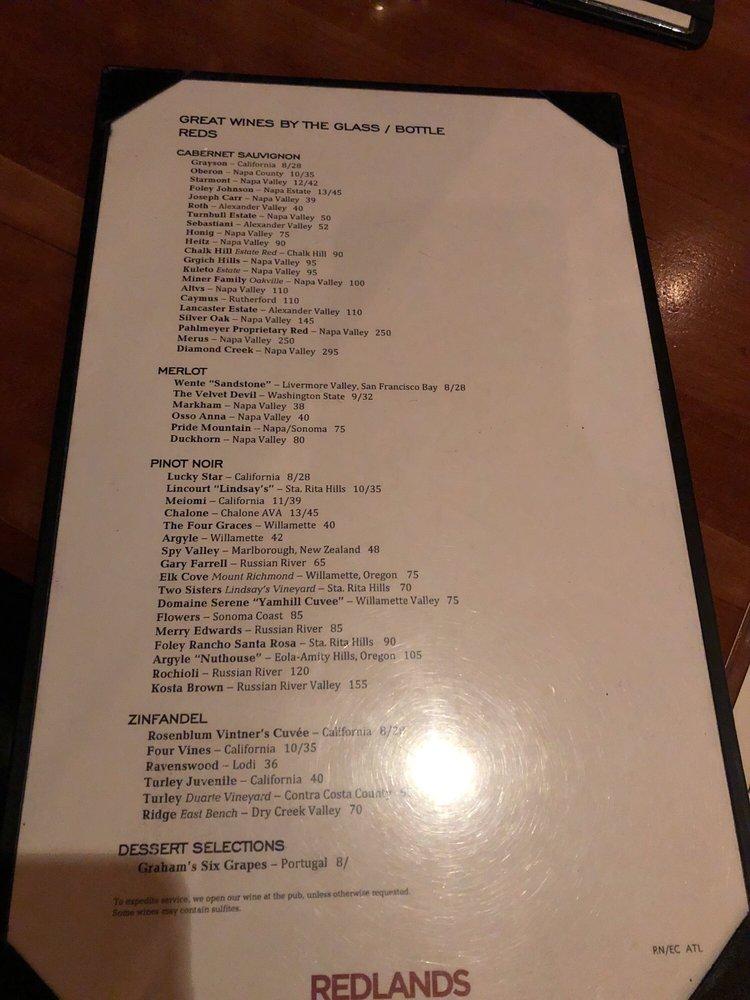 Menu at Redlands Grill steakhouse, Peachtree Corners, Peachtree Pkwy