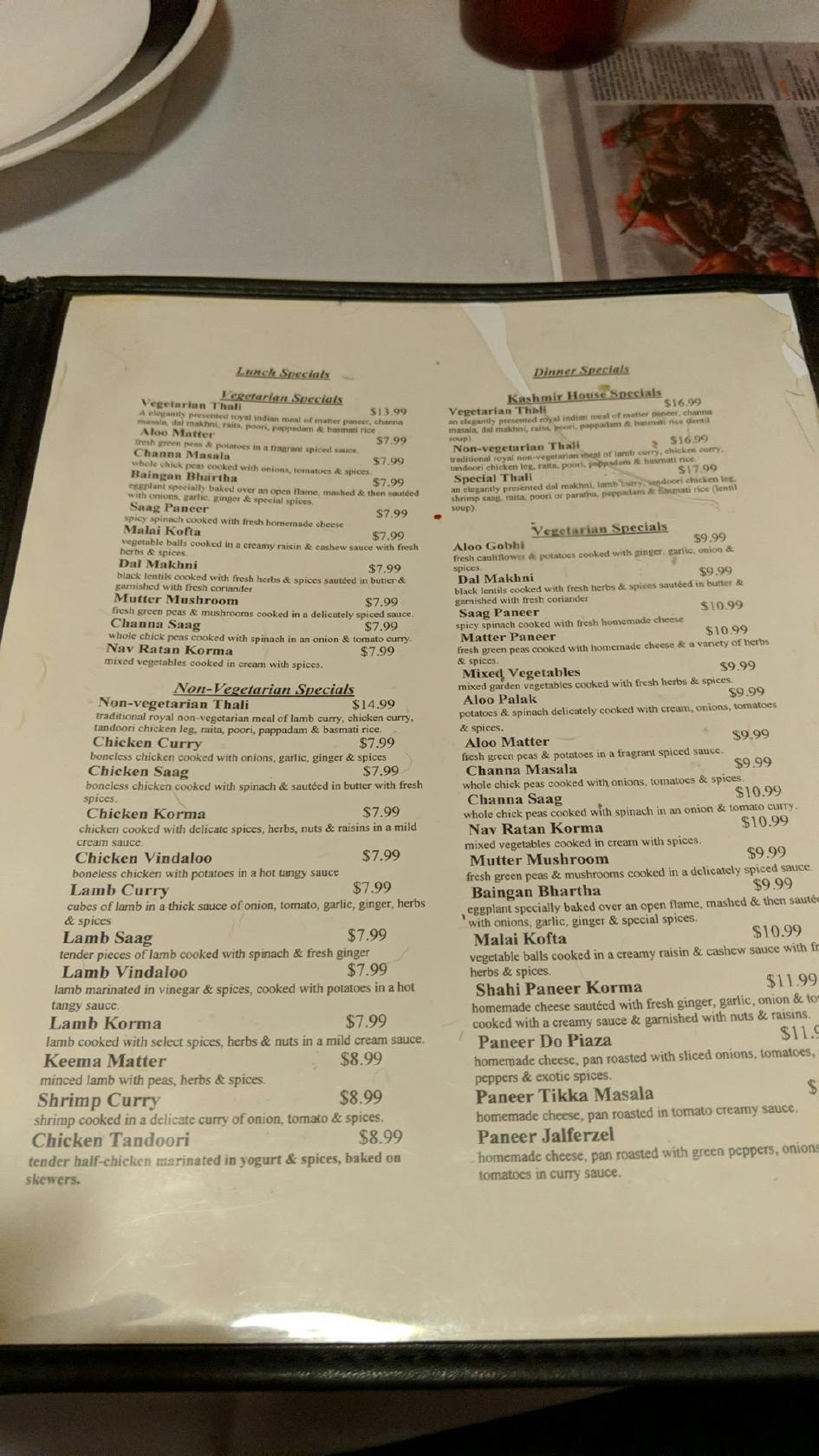 Menu at Kashmir Indian Restaurant, Louisville, Bardstown Rd