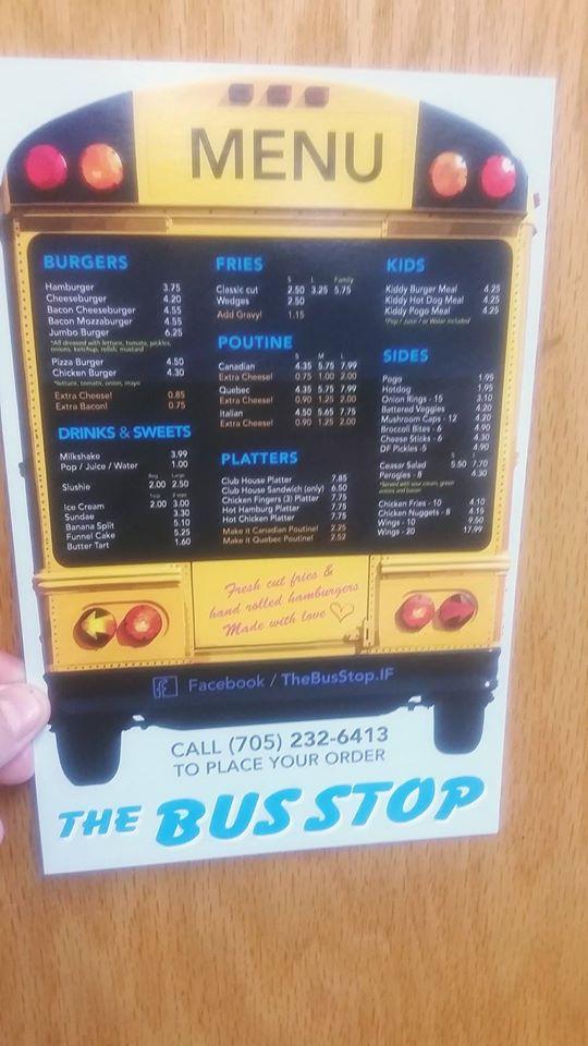 Menu at The Bus Stop restaurant, Iroquois Falls