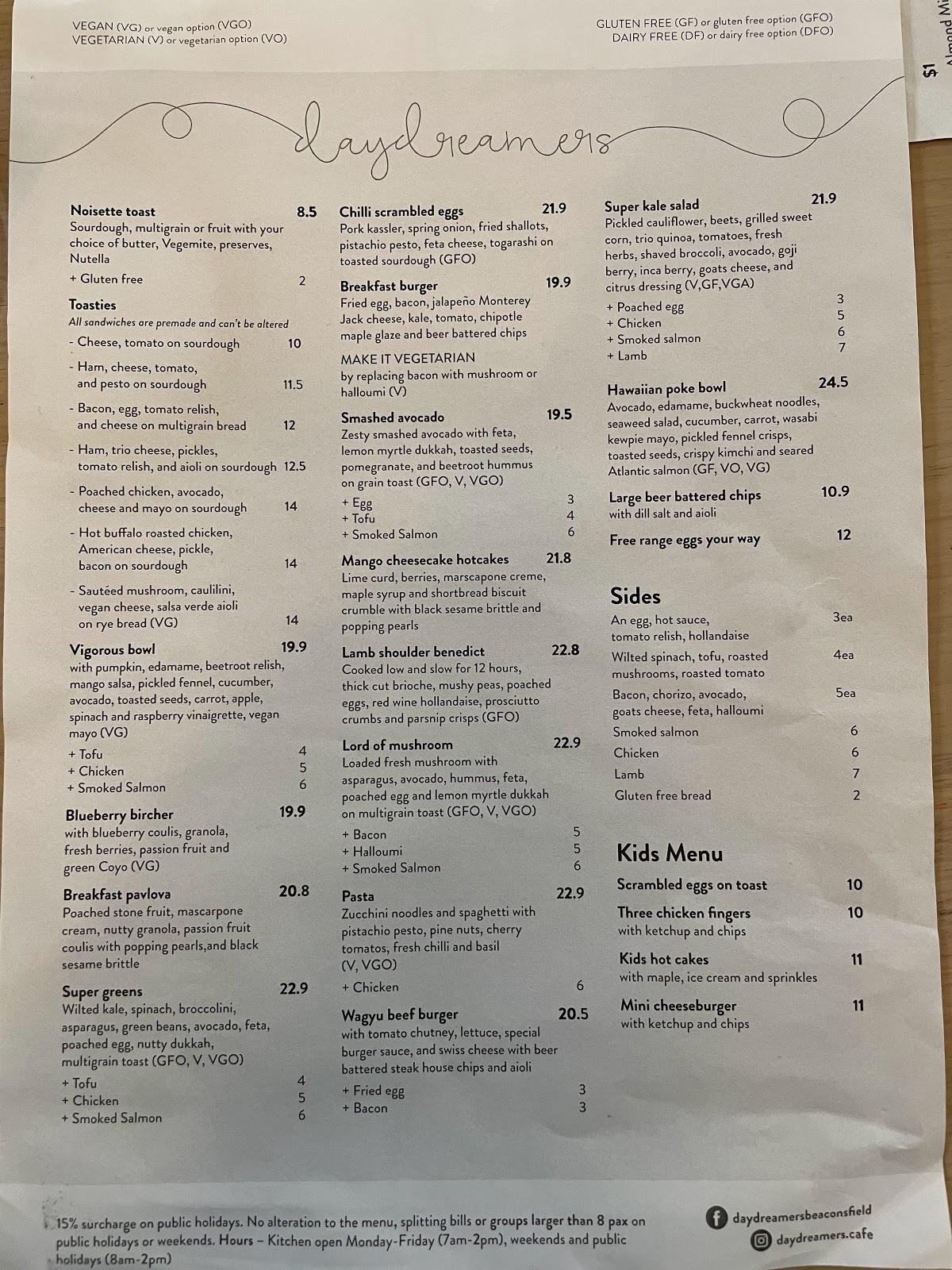 Menu at daydreamers cafe, Beaconsfield