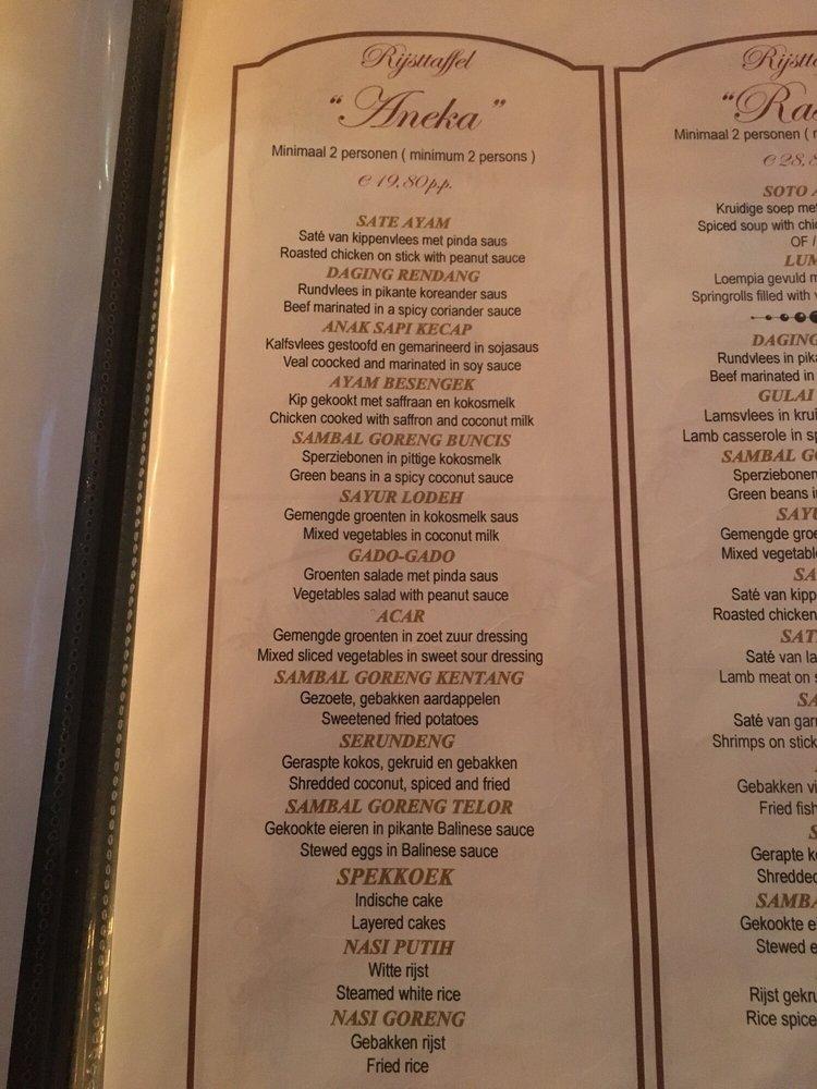 Menu at Aneka Rasa Restaurant, Amsterdam