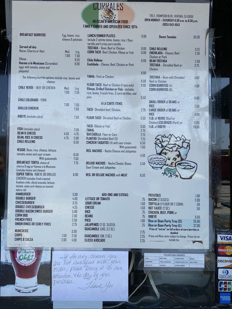Menu at Corrales Mexican Food fast food, Ventura, 795 E Thompson Blvd