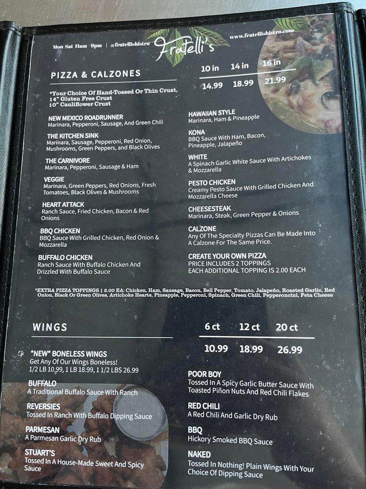 Menu at Fratelli's Bistro pizzeria, Gallup