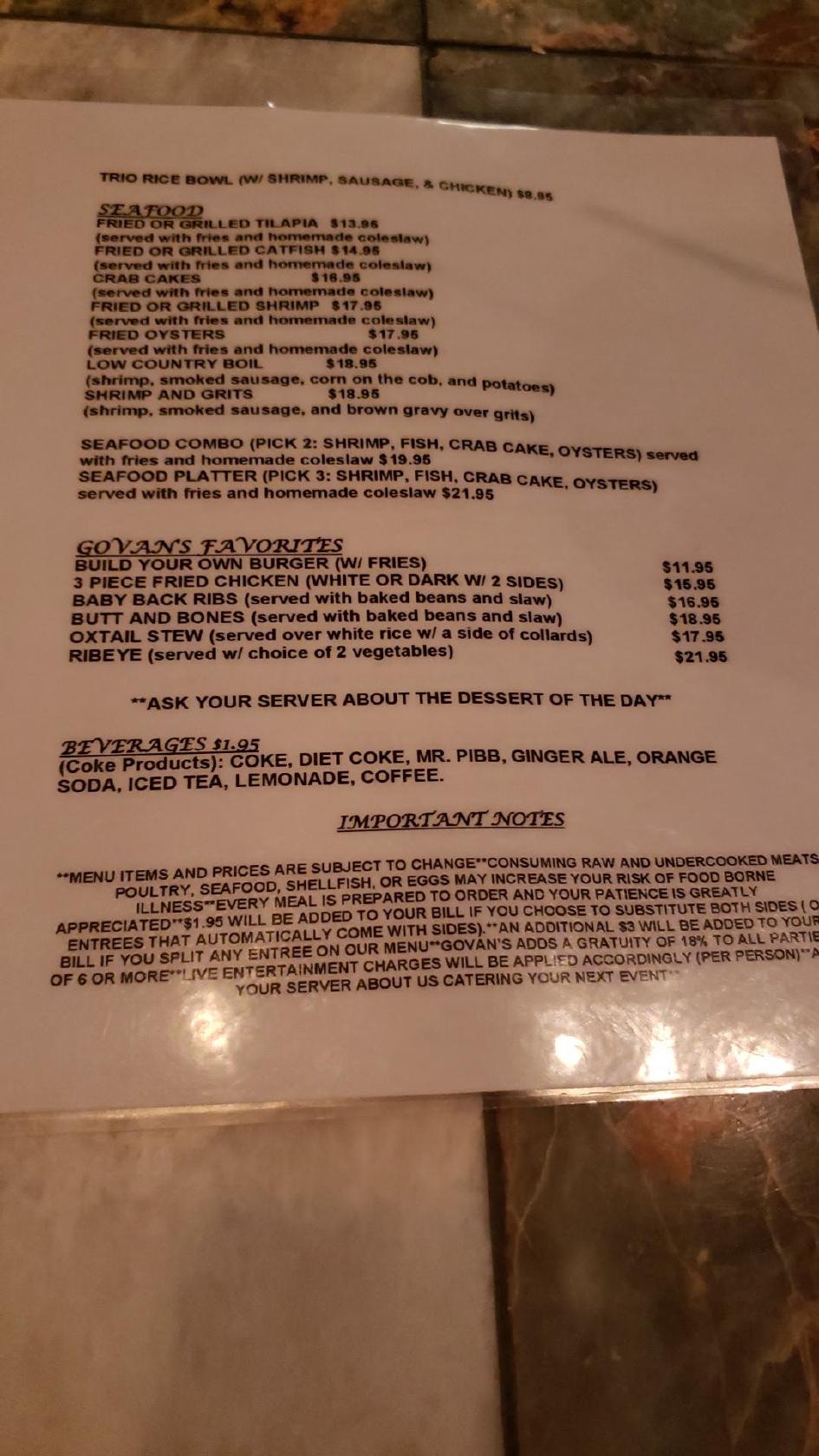 Menu at Govan's Sports Blues and Soulfood Restaurant, Fairfax