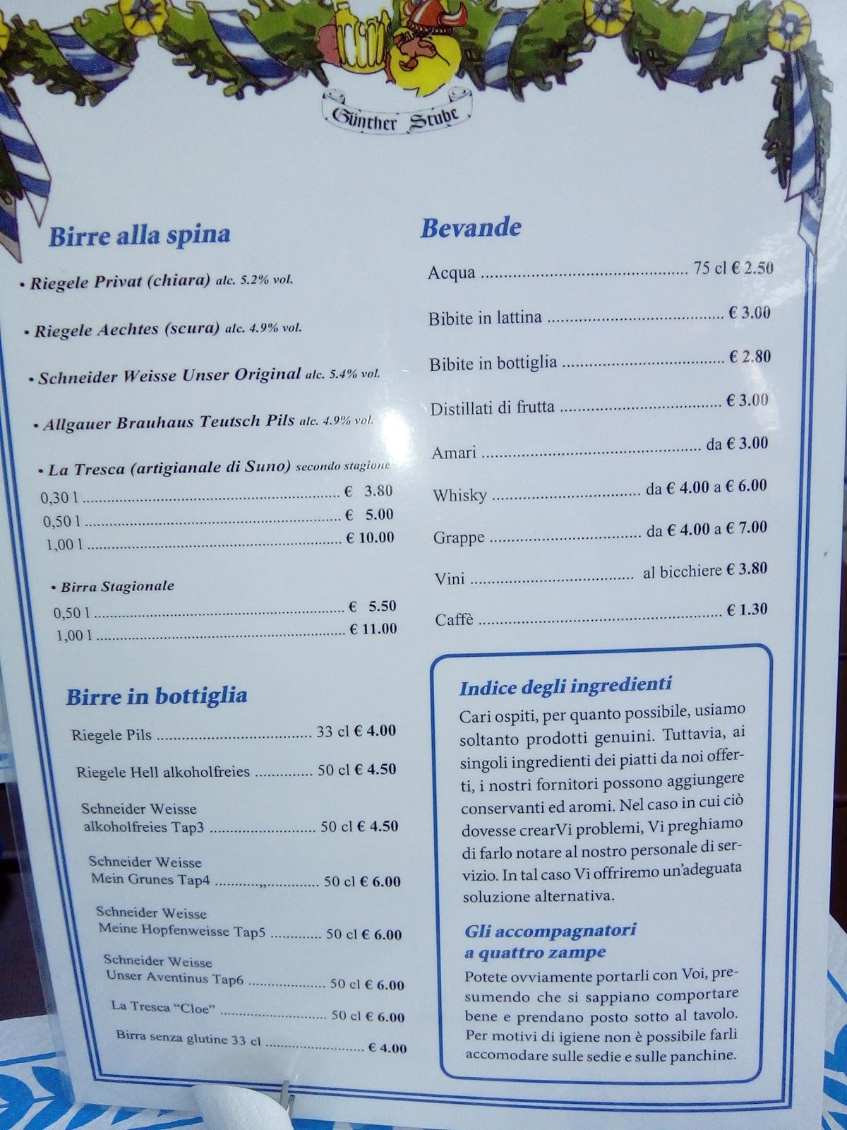 Menu at Gunther Stube pub & bar, Novara, Via Agogna