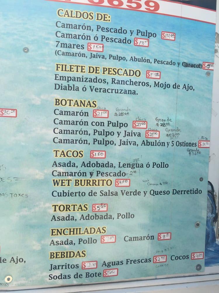 Menu at Mariscos Los Compadres restaurant, Dinuba