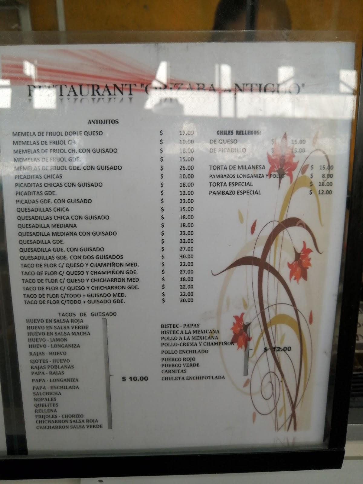 Menu at Orizaba Antiguo restaurant, Orizaba