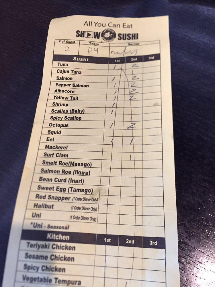 Menu at Show Sushi restaurant, San Dimas