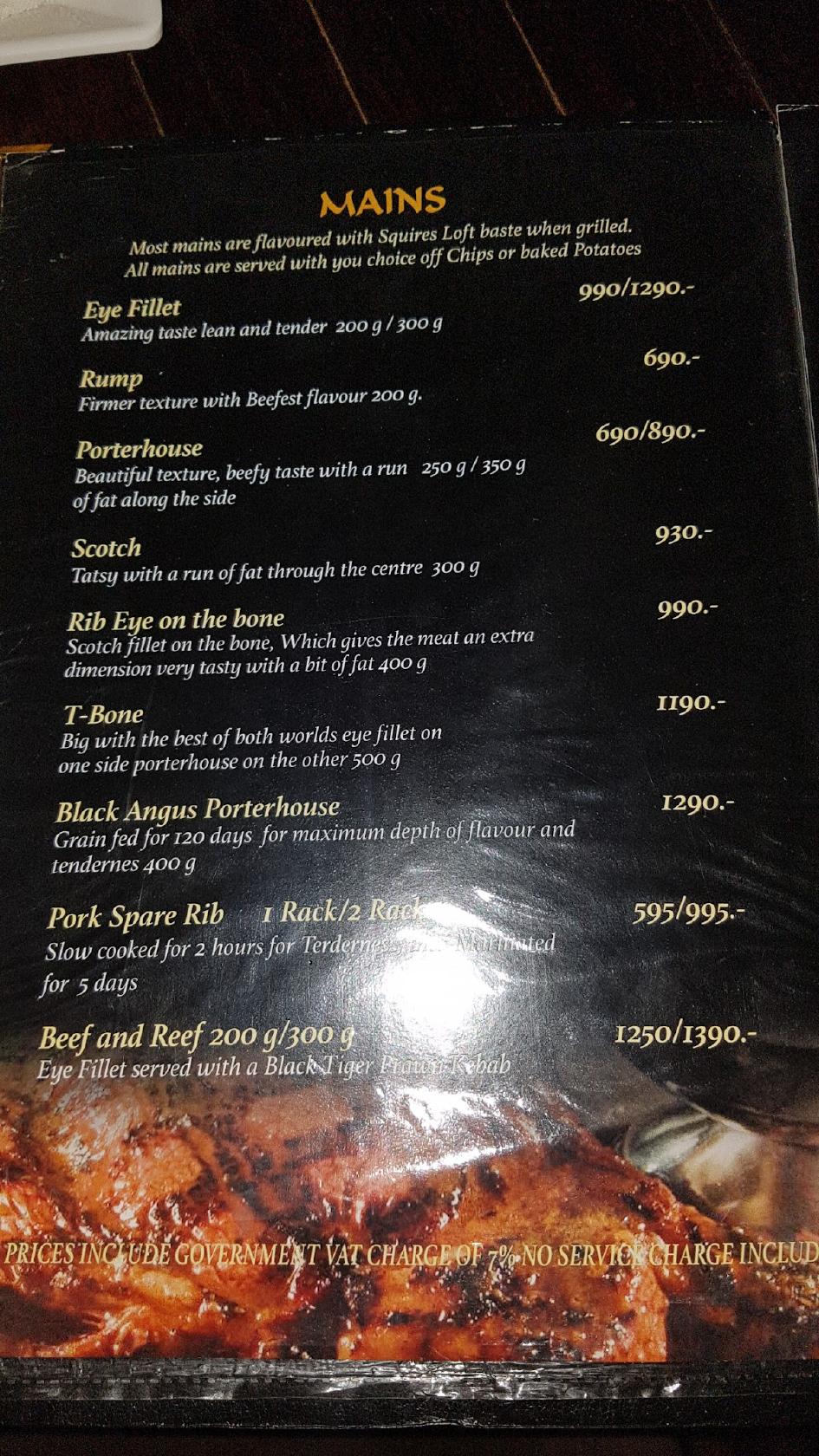 Menu at Squires Loft restaurant, Ko Samui