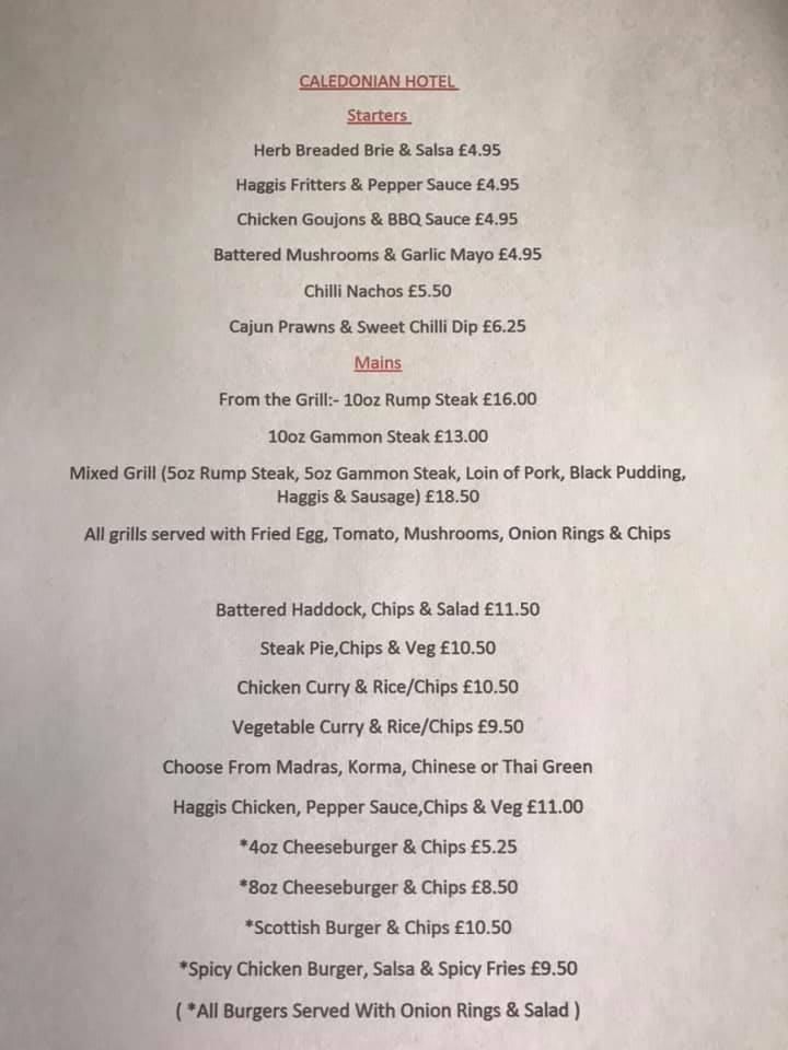 Menu at The Caledonian restaurant, Brechin
