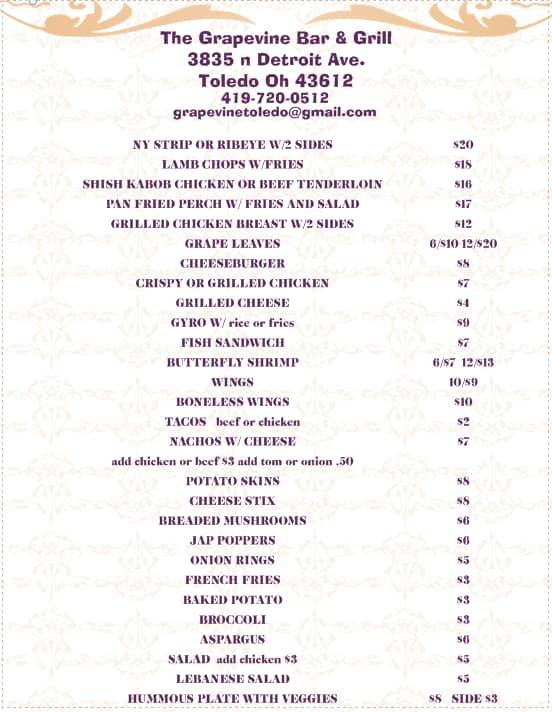 Menu at The Grapevine Bar and Grill, Toledo
