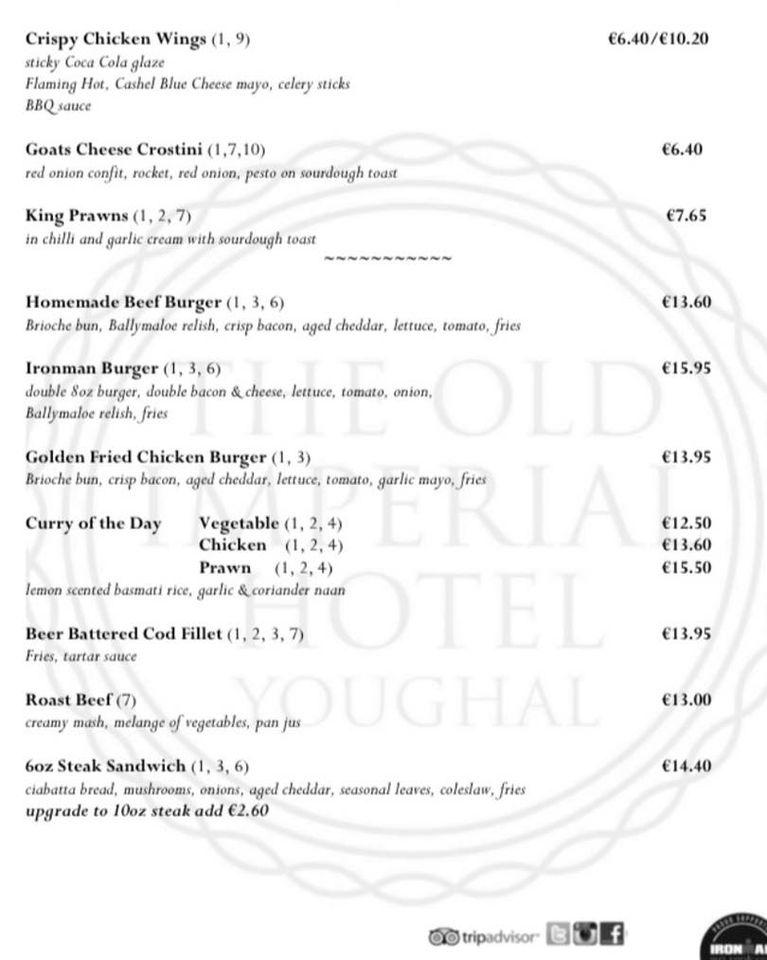 Menu at The Old Imperial Hotel pub & bar, Youghal