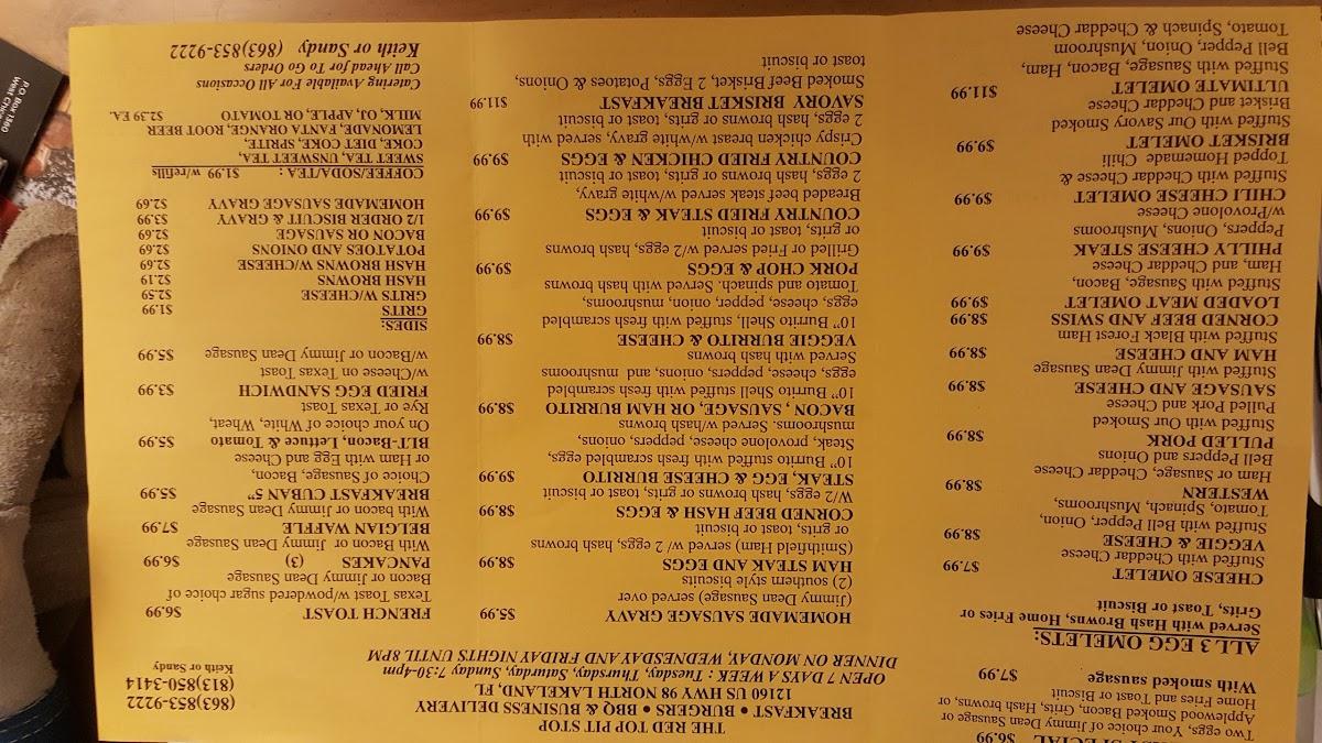 Menu at The Red Top Pit Stop BBQ, Lakeland, US Hwy 98 N