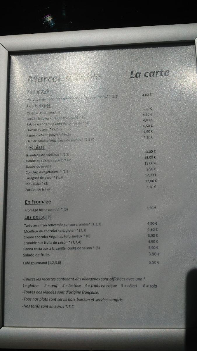 Menu au Marcel à table Restaurant Bio Avignon, Sorgues, Av. Marcel Pagno