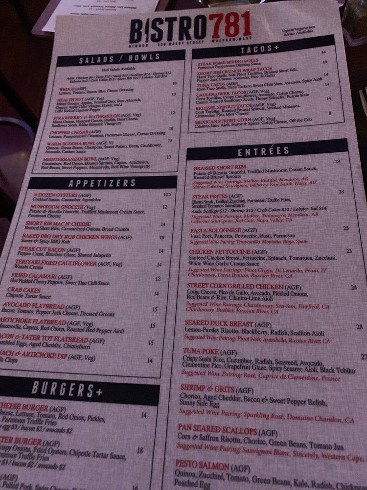 Menu at Bistro781 pub & bar, Waltham