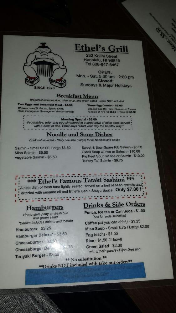 Menu at Ethel's Grill restaurant, Honolulu