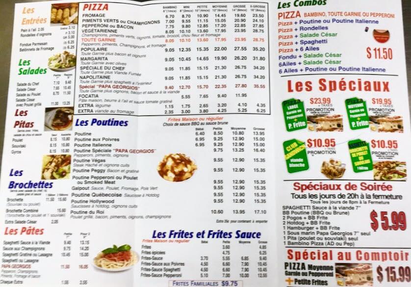 Menu at Papa Georgios restaurant, Trois-Rivières