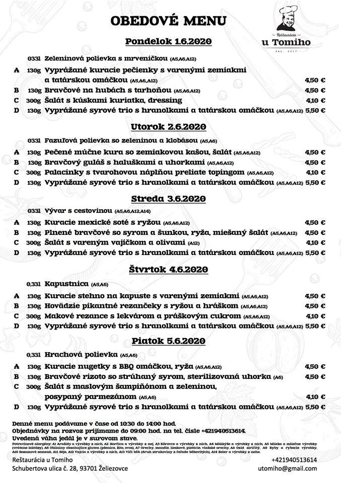 Menu at Reštaurácia u Tomiho restaurant, Želiezovce