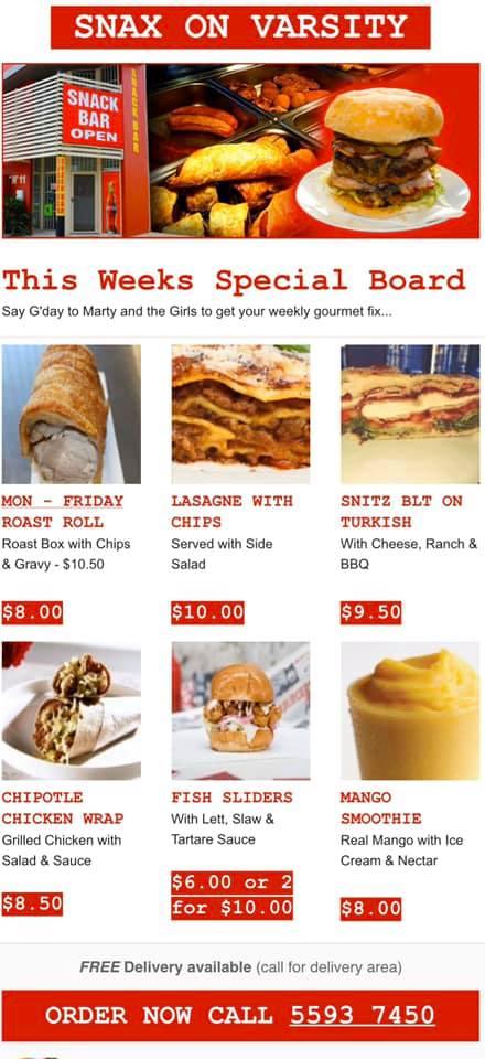 Menu at Snax on Varsity restaurant, Varsity Lakes