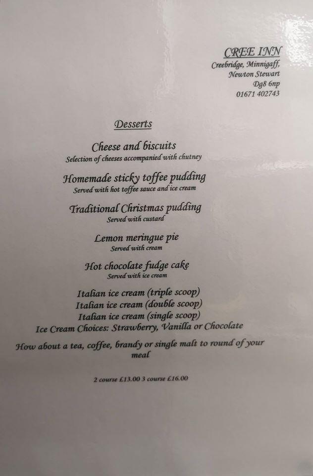 Menu at The Cree Inn restaurant, Newton Stewart