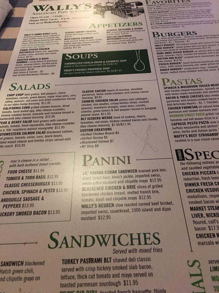 Menu at Wally's American Pub N Grill, Phoenix