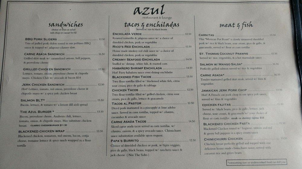 Menu at Azul Restaurant, Mill Creek