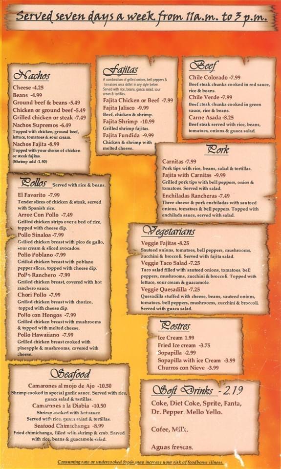 Menu at Casa Grande Mexican Restaurant, Cookeville