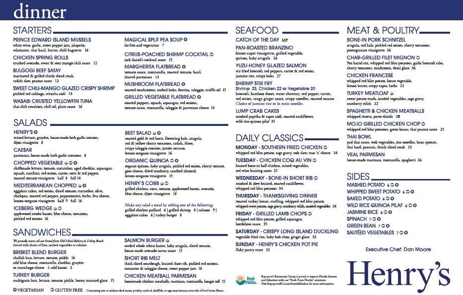 Menu at Henry's pub & bar, Delray Beach